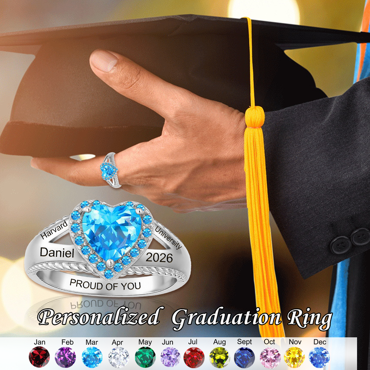 Personalized Engraved Heart-Shaped Birthstone Graduation Ring ...